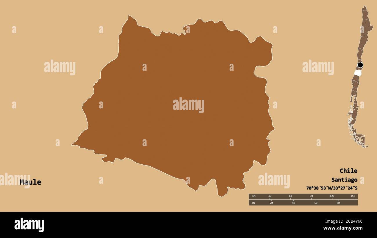 Shape of Maule, region of Chile, with its capital isolated on solid ...