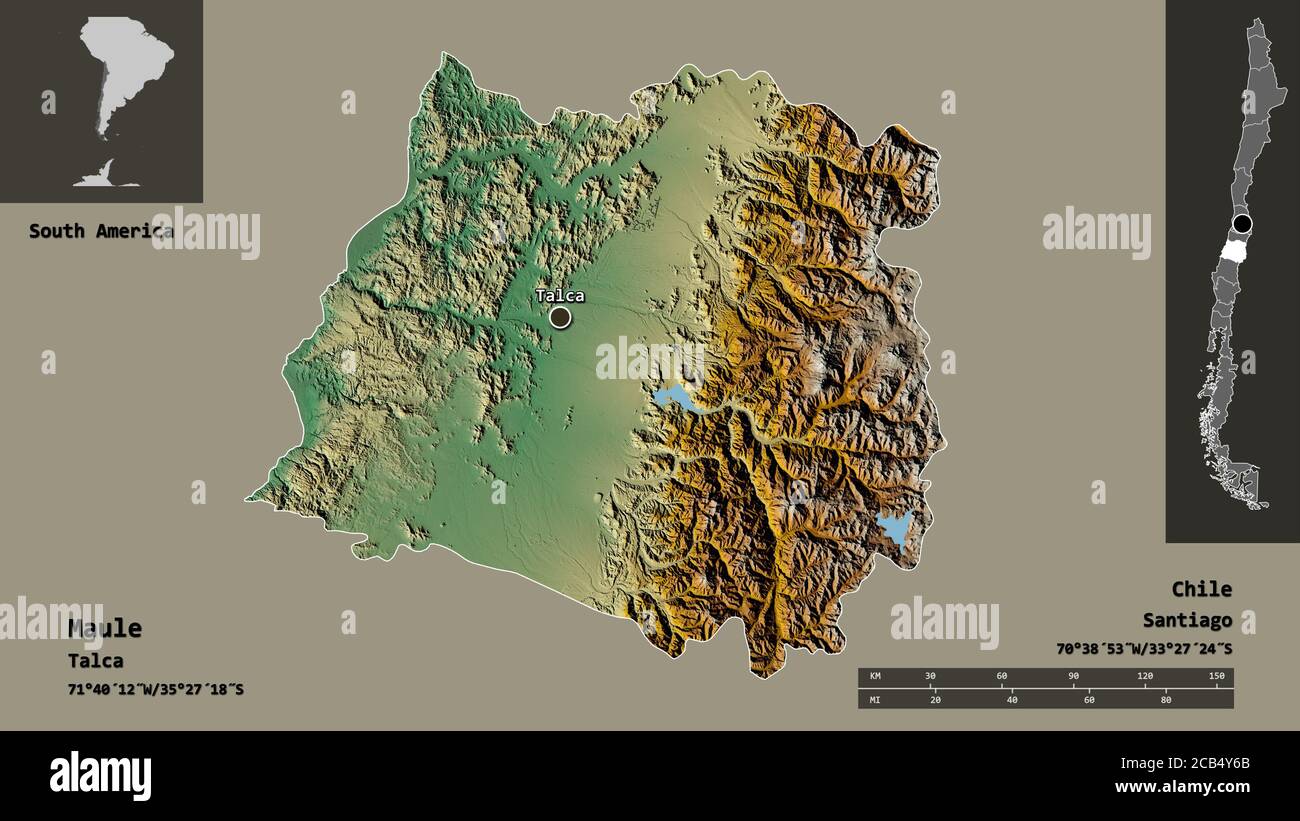 Shape of Maule, region of Chile, and its capital. Distance scale ...