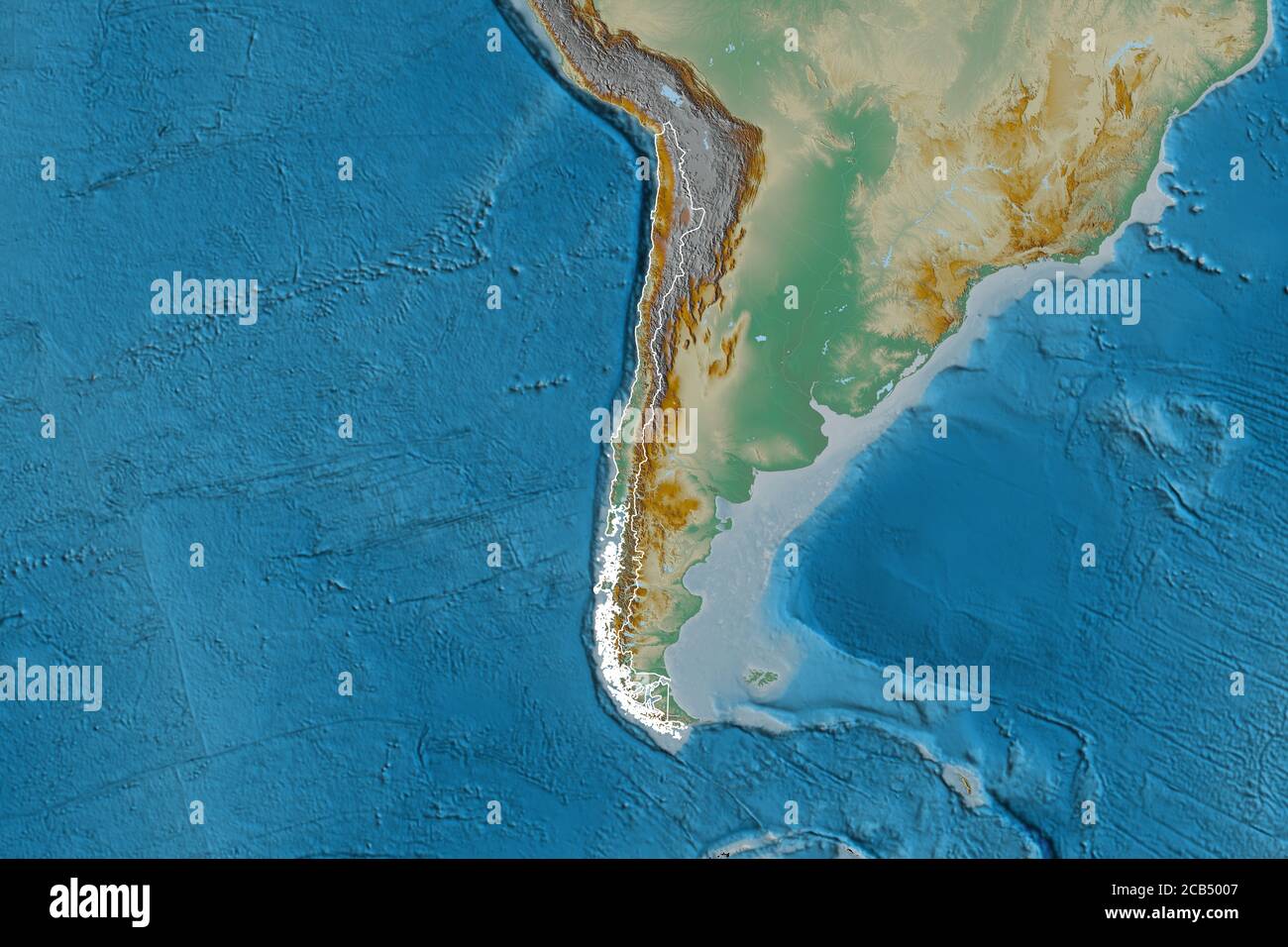Extended area of outlined Chile. Topographic relief map. 3D rendering ...