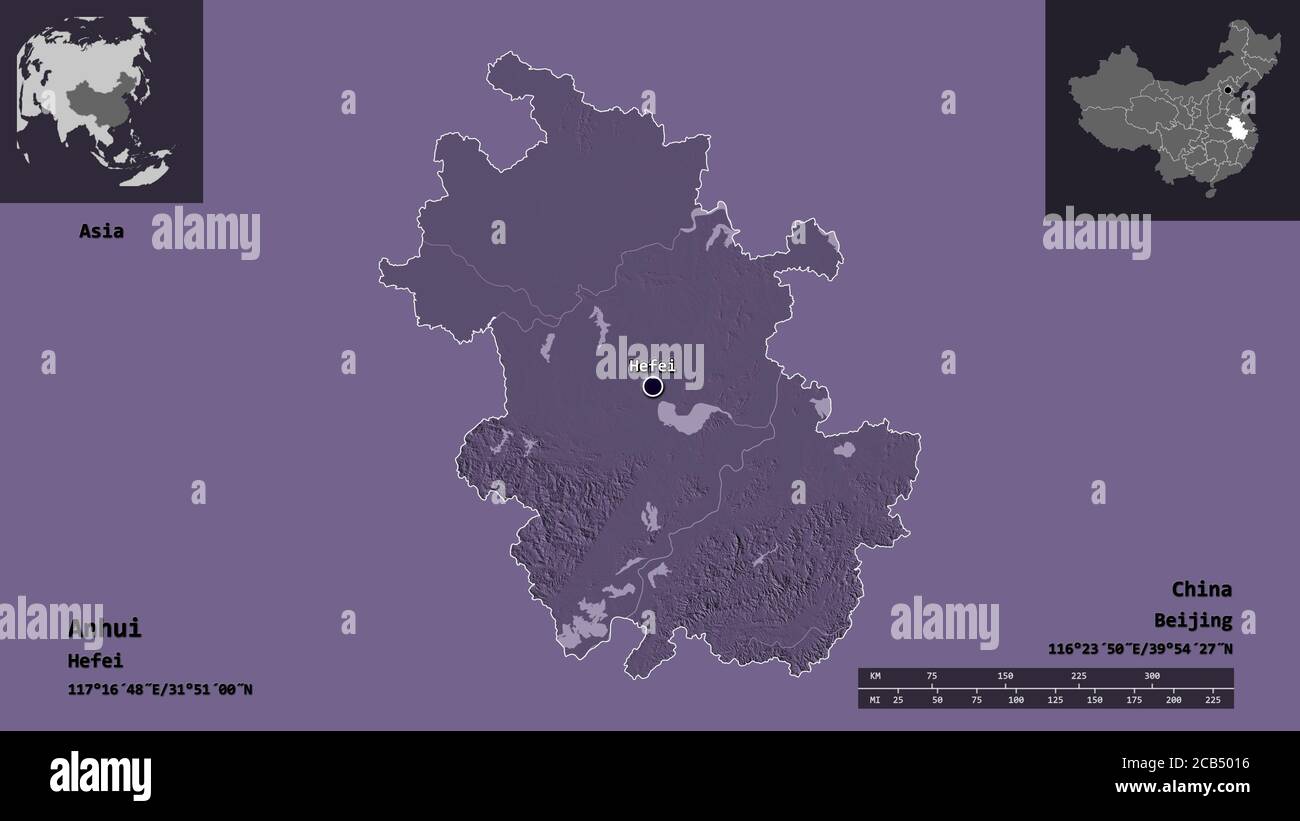Shape of Anhui, province of China, and its capital. Distance scale ...