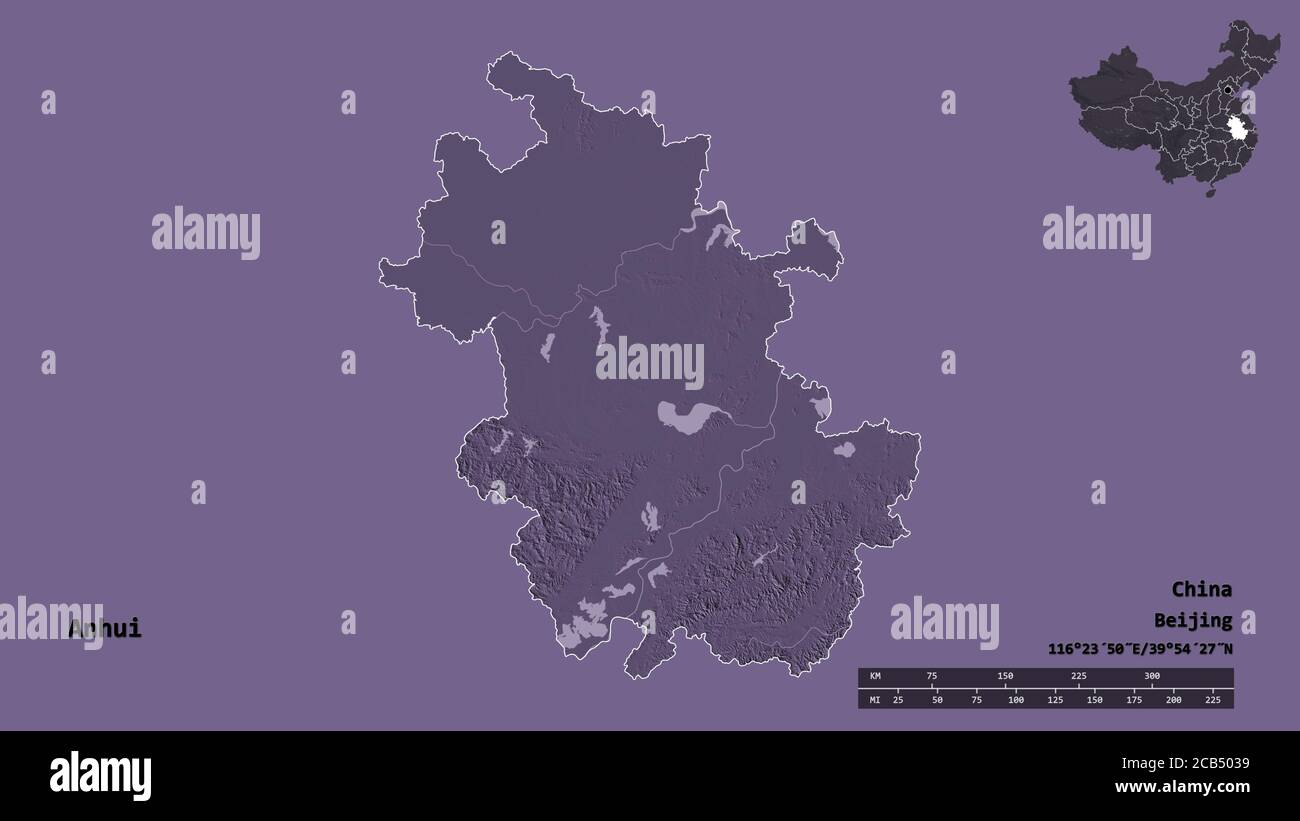 Shape of Anhui, province of China, with its capital isolated on solid ...