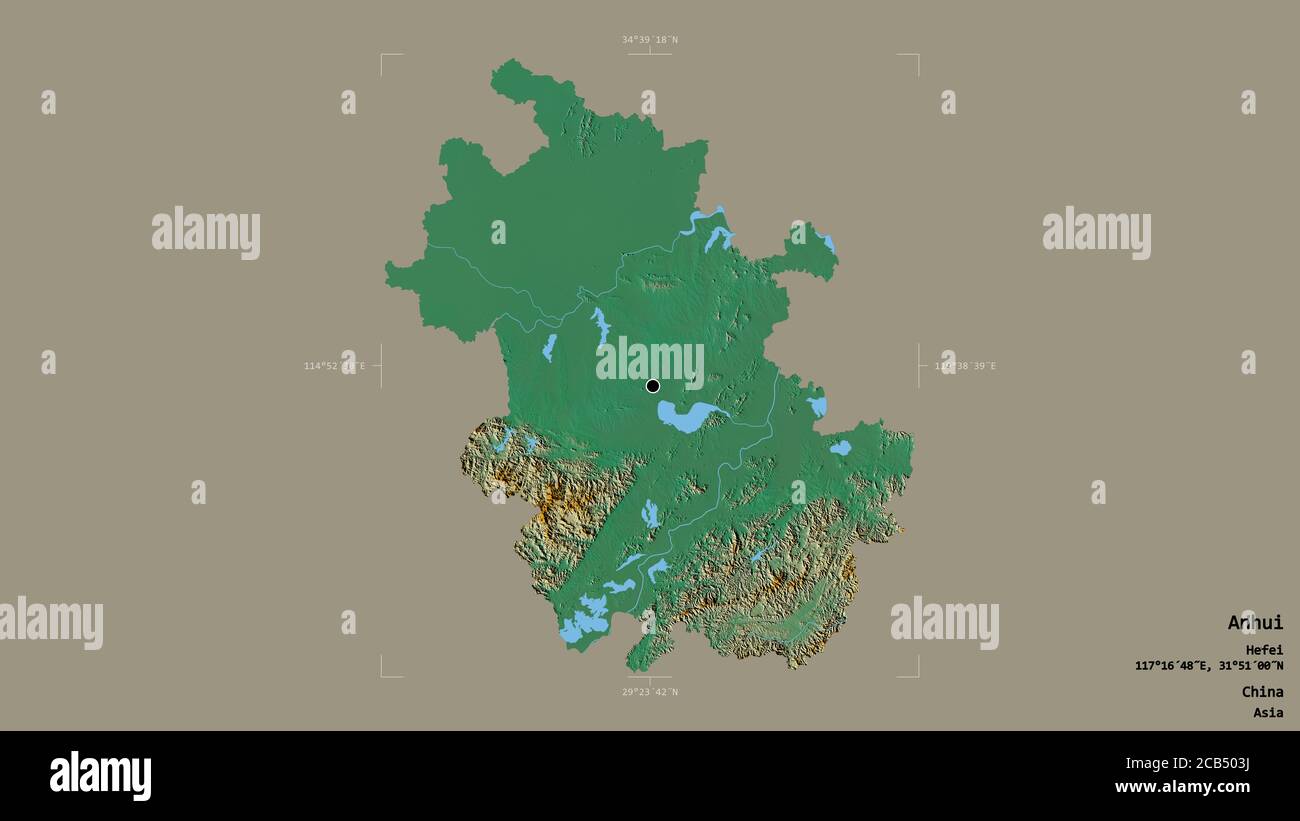 Area of Anhui, province of China, isolated on a solid background in a ...