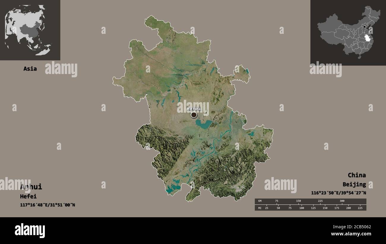 Shape of Anhui, province of China, and its capital. Distance scale ...
