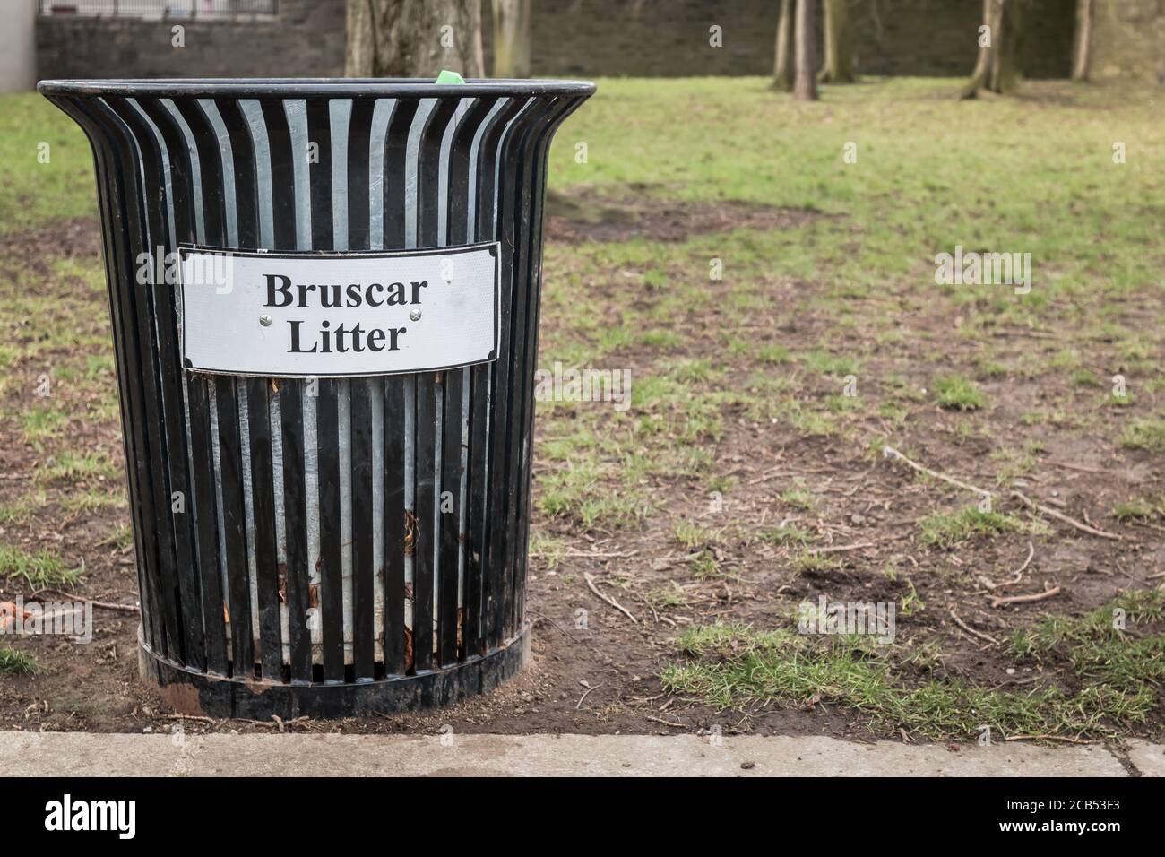 Trash timber litter bin Bruscar in a public park in Ireland near Dublin ...
