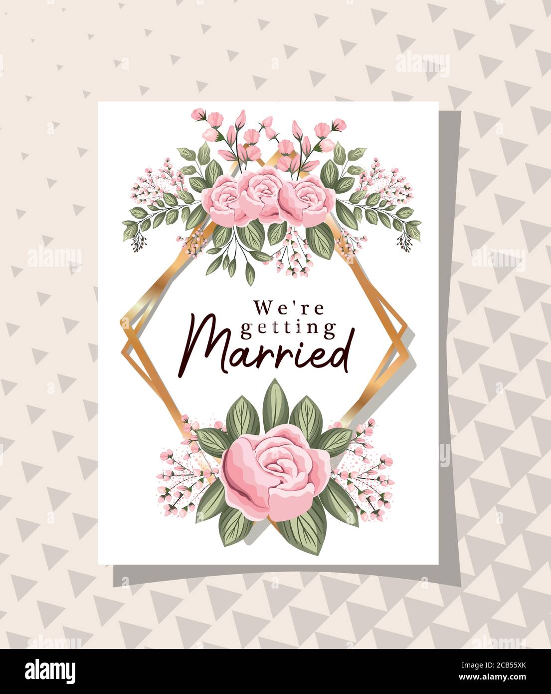 we are getting married text in gold frame with flowers and leaves ...