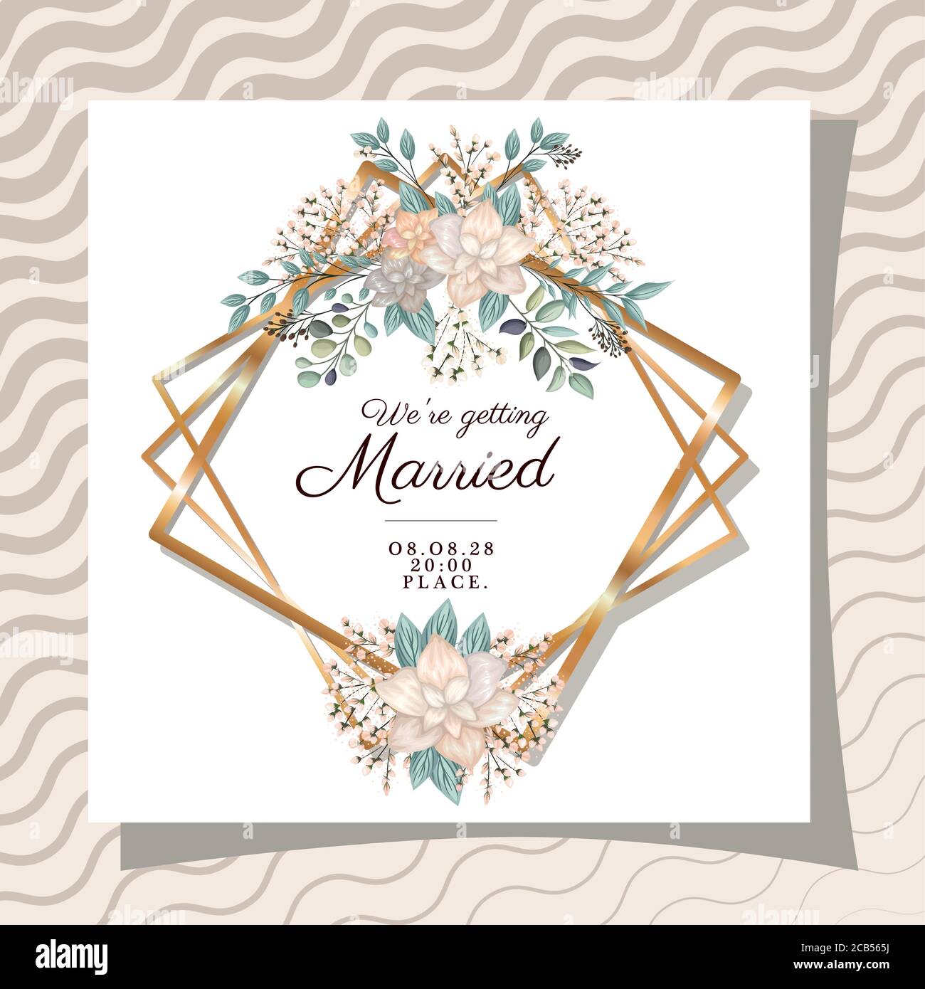 we are getting married text in gold frame with flowers and leaves ...