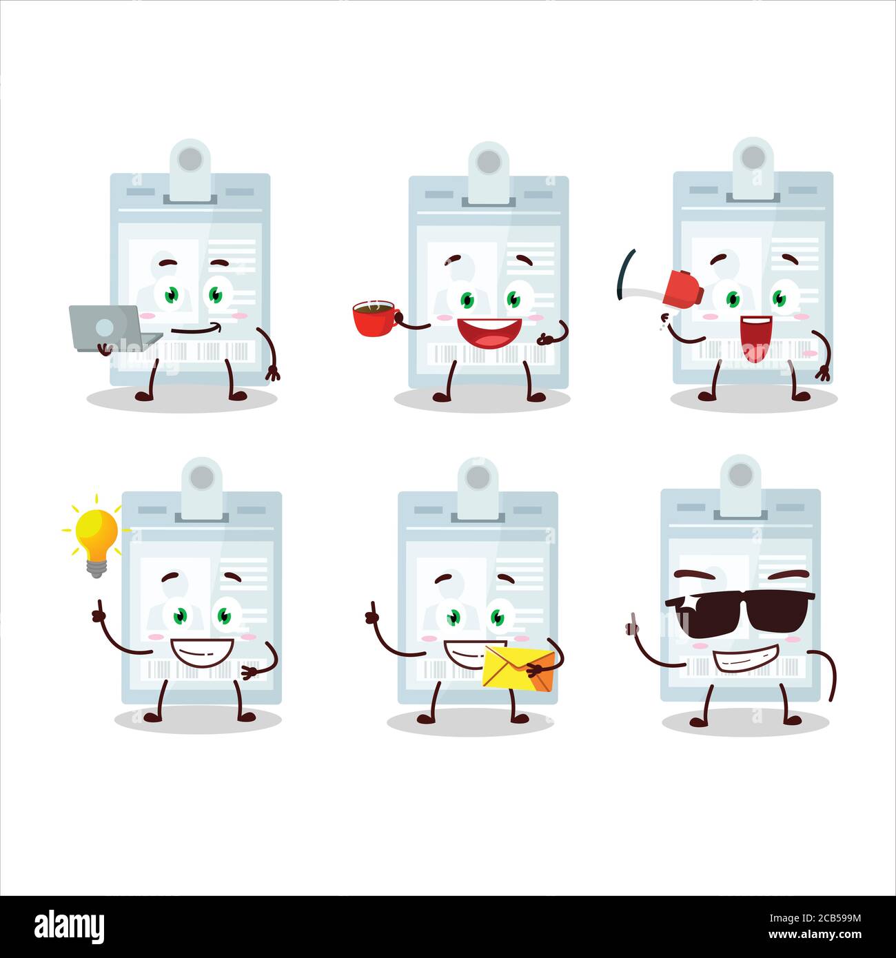 ID card cartoon character with various types of business emoticons ...