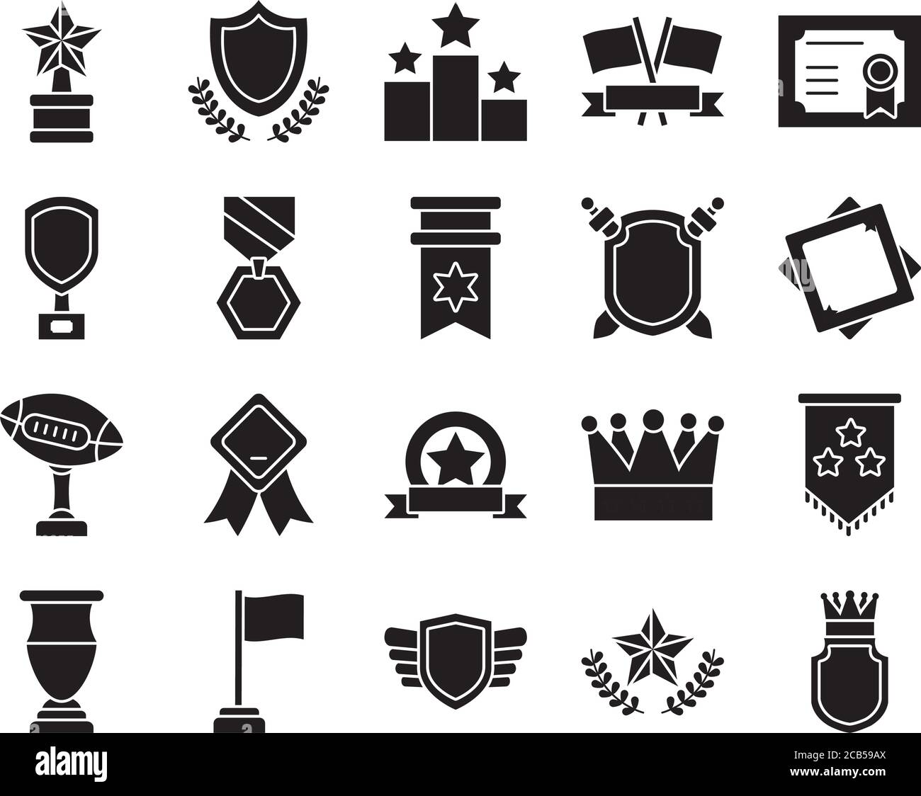icon set of crown and badges over white background, silhouette style ...
