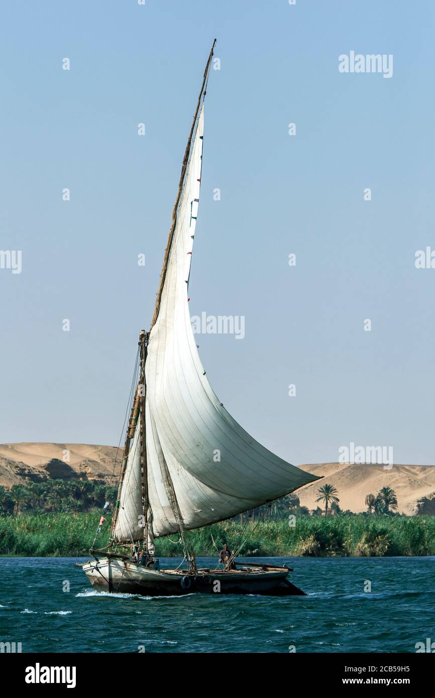 A felucca steered by an old man sails up the River Nile towards Kom ...