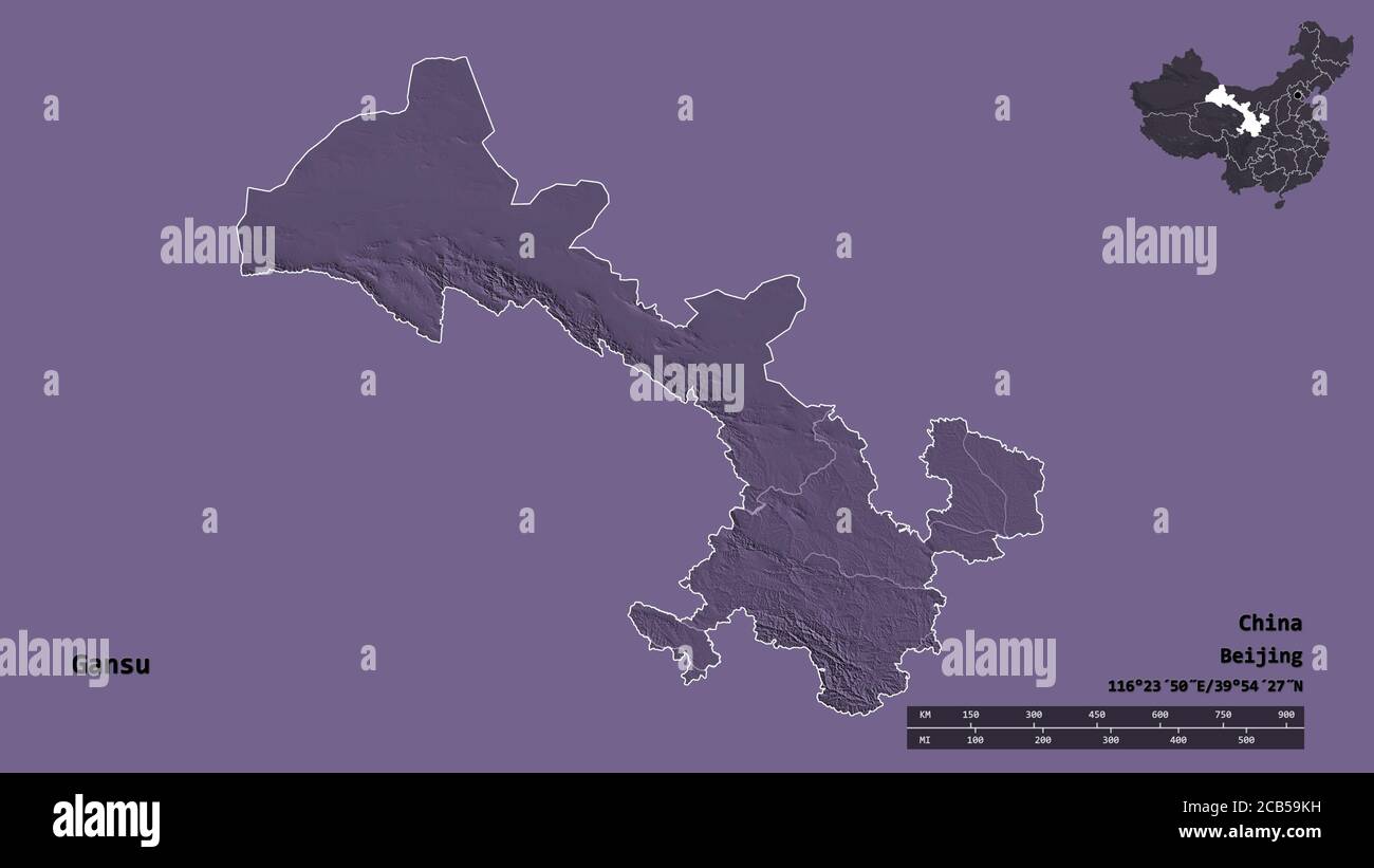 Shape of Gansu, province of China, with its capital isolated on solid ...