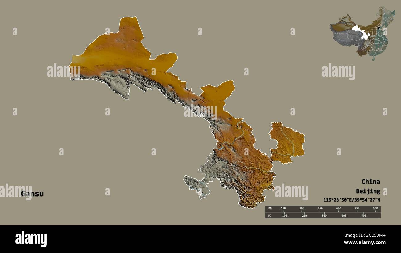 Shape of Gansu, province of China, with its capital isolated on solid ...