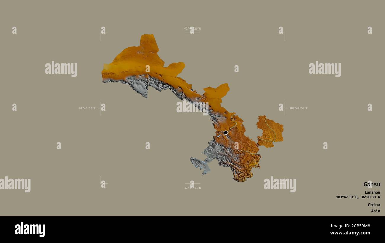 Area of Gansu, province of China, isolated on a solid background in a ...