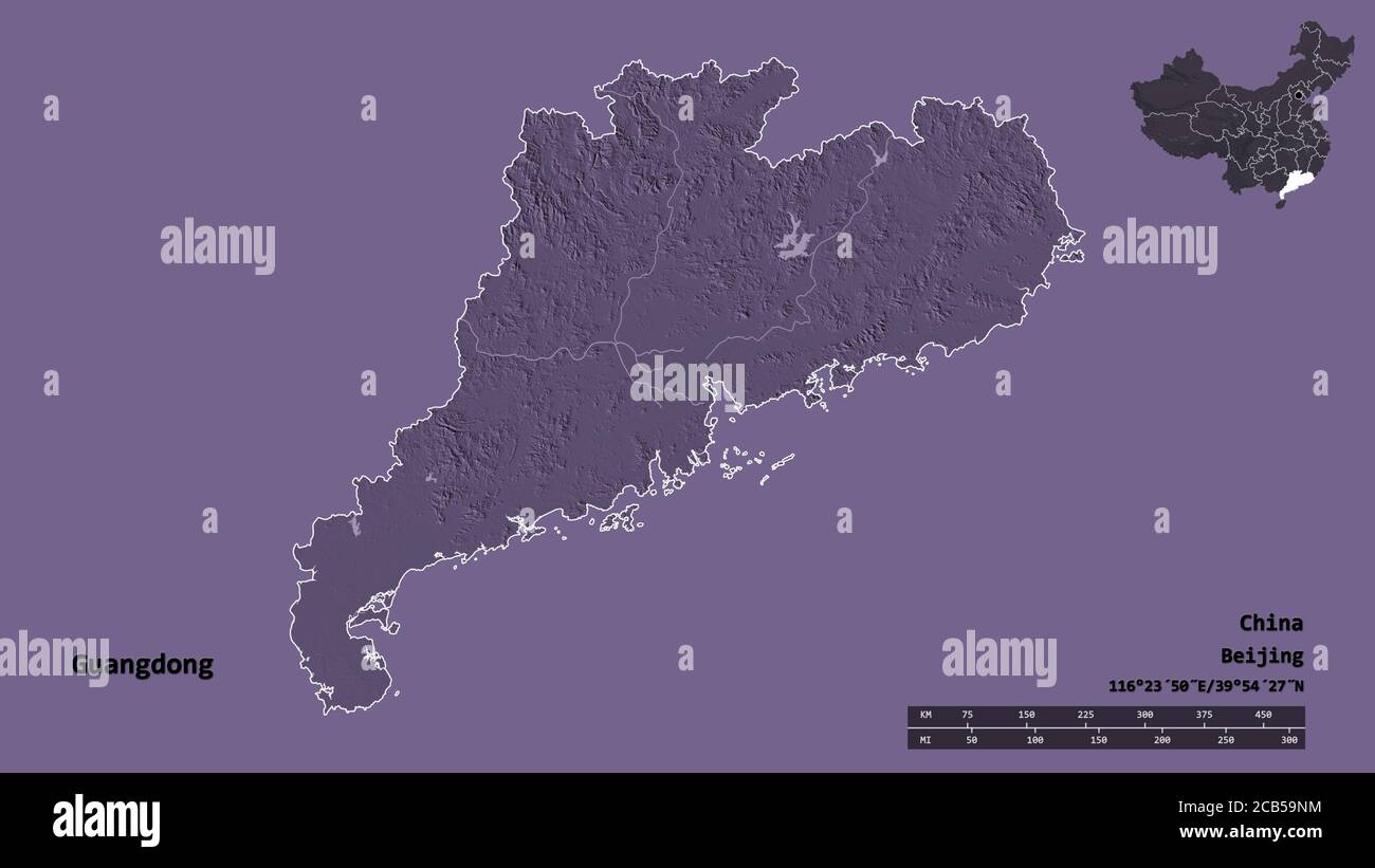 Shape of Guangdong, province of China, with its capital isolated on ...