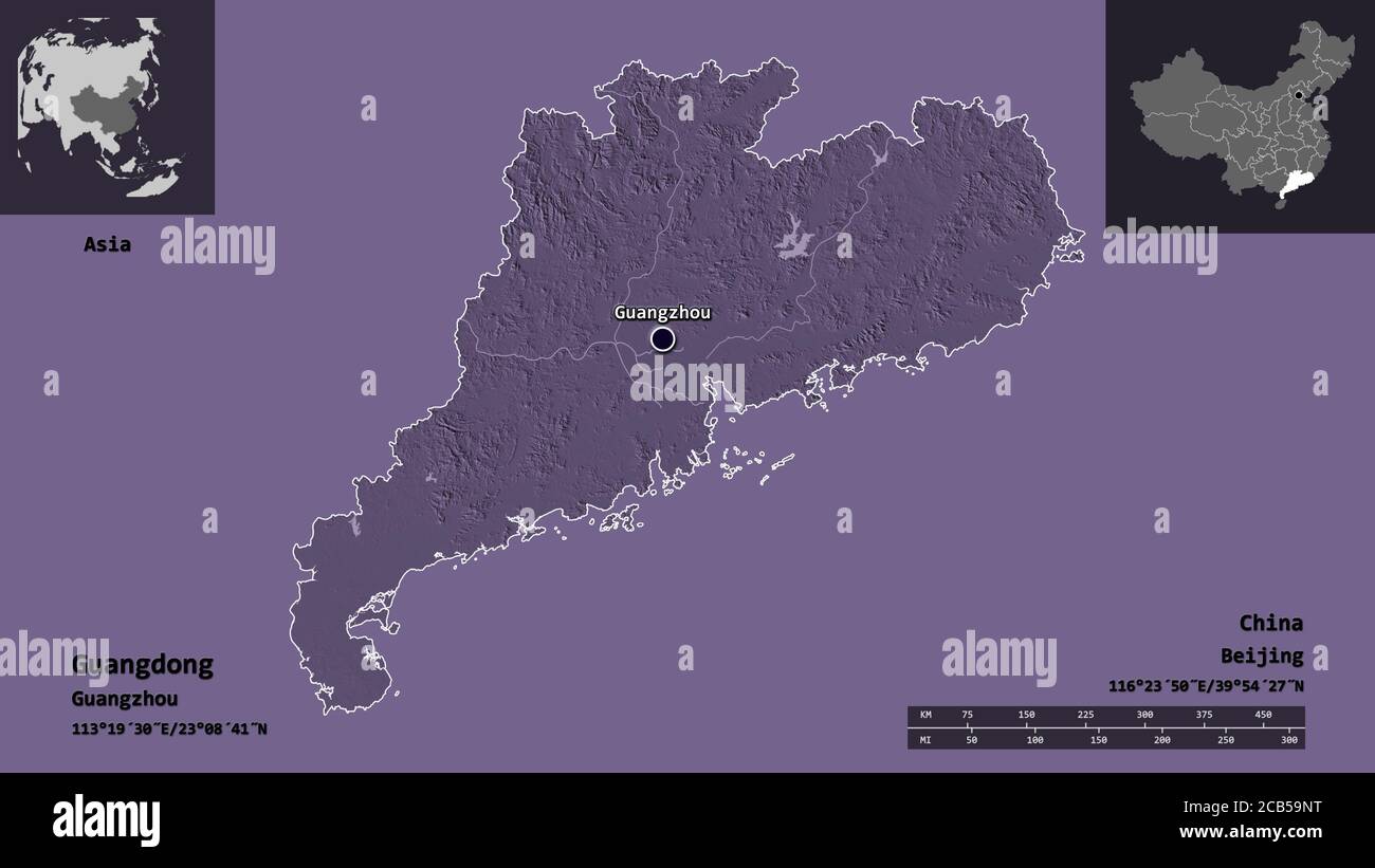 Shape of Guangdong, province of China, and its capital. Distance scale ...