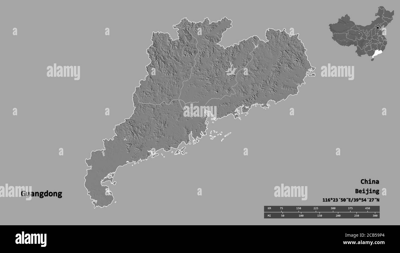 Shape of Guangdong, province of China, with its capital isolated on ...