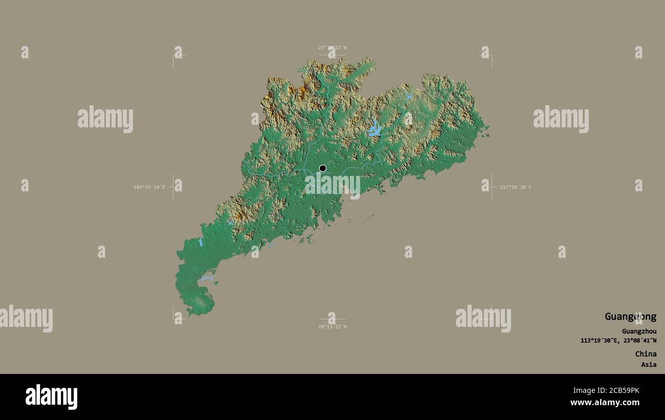 Area of Guangdong, province of China, isolated on a solid background in ...