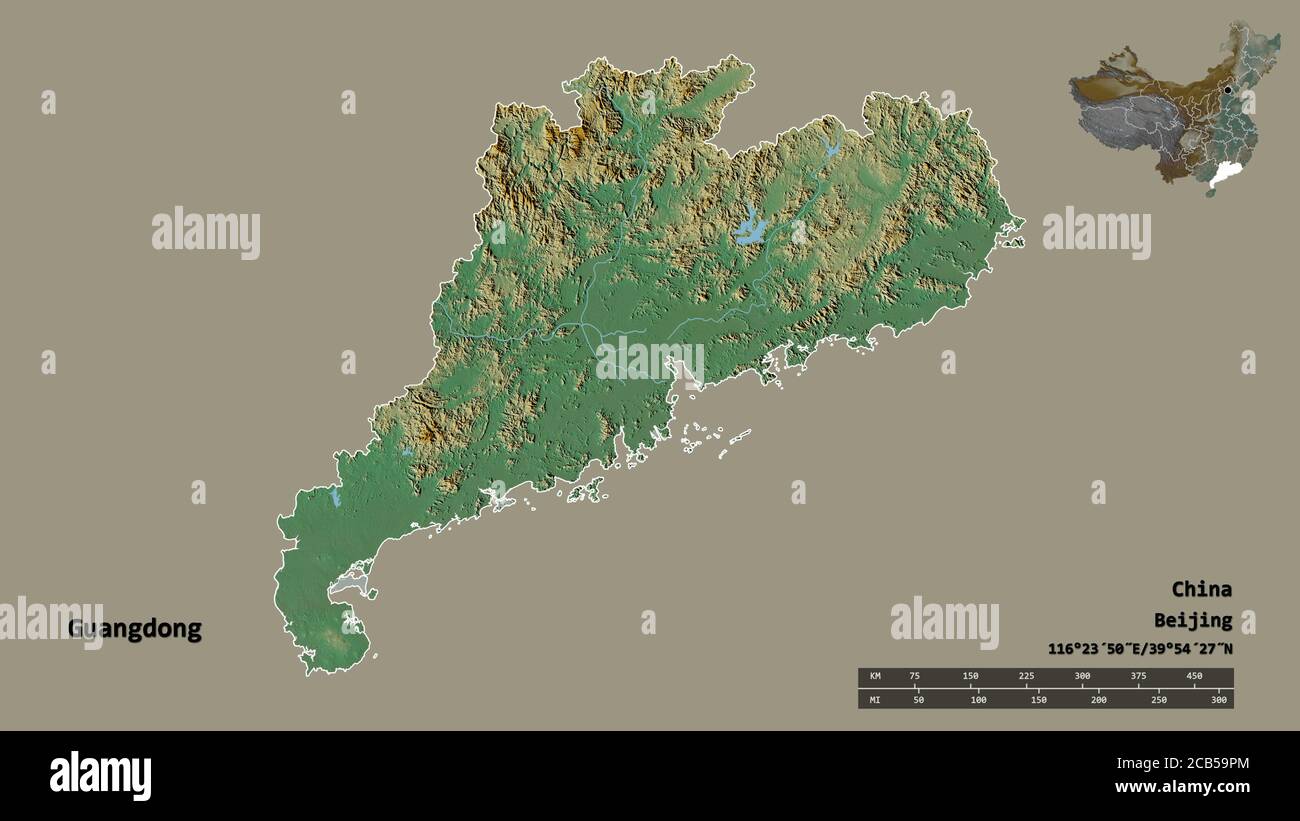 Shape of Guangdong, province of China, with its capital isolated on ...