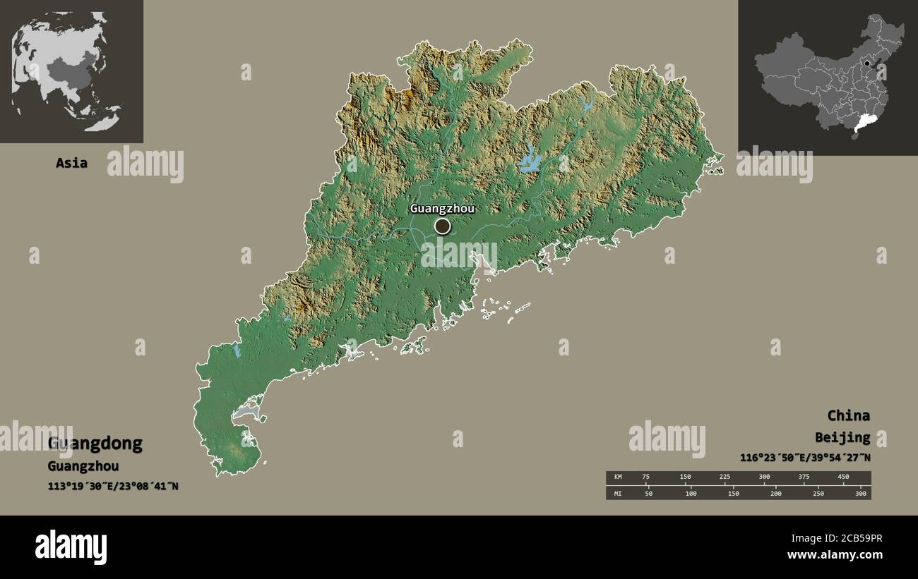 Shape of Guangdong, province of China, and its capital. Distance scale ...