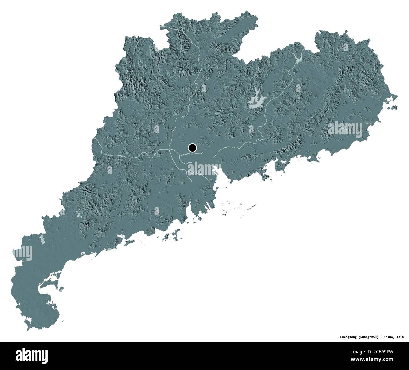 Shape of Guangdong, province of China, with its capital isolated on ...