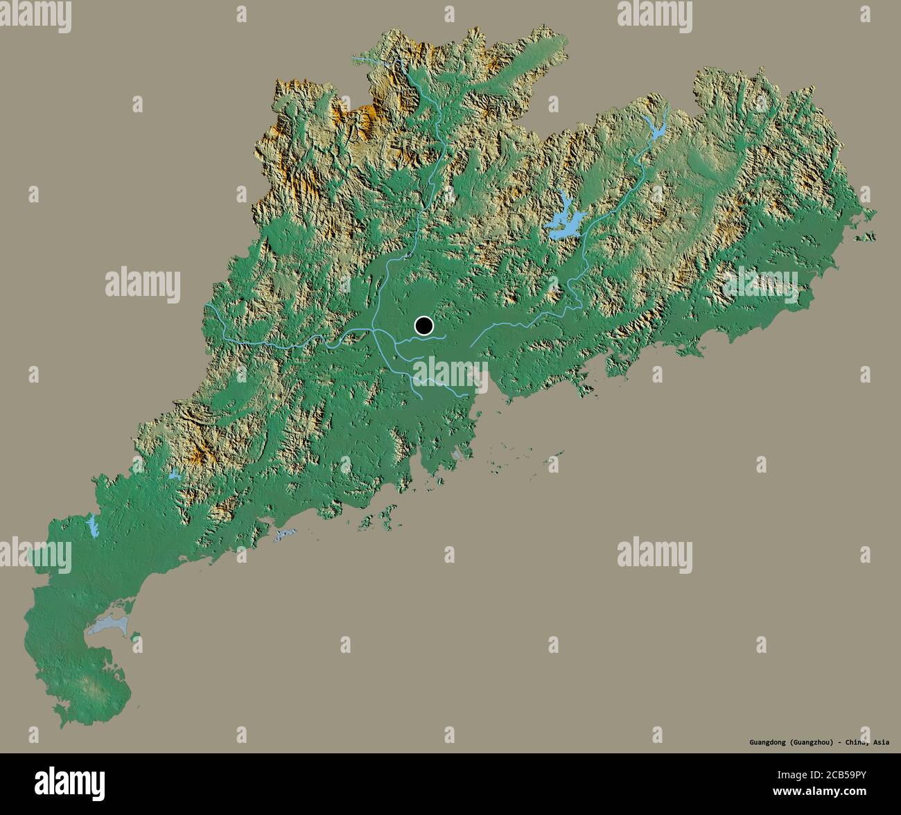 Shape of Guangdong, province of China, with its capital isolated on a ...