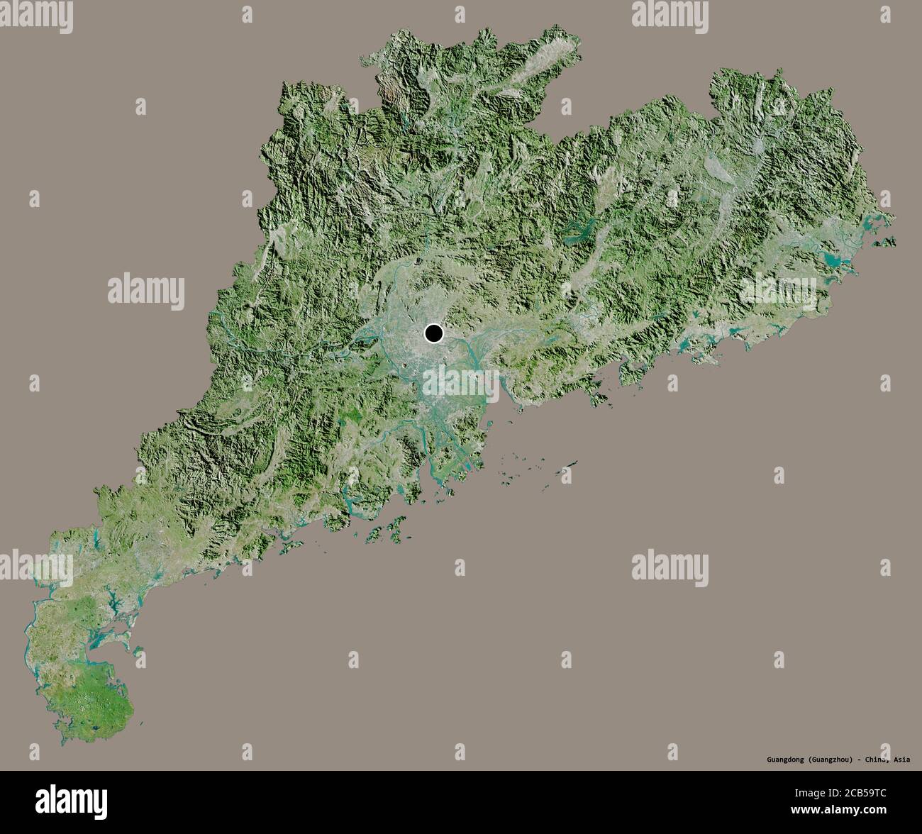 Shape of Guangdong, province of China, with its capital isolated on a ...