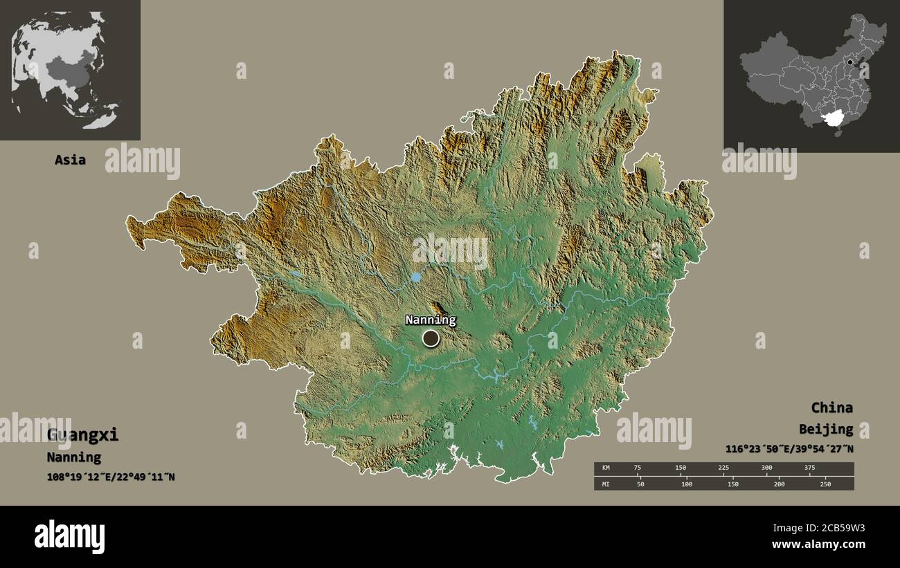 Shape of Guangxi, autonomous region of China, and its capital. Distance ...
