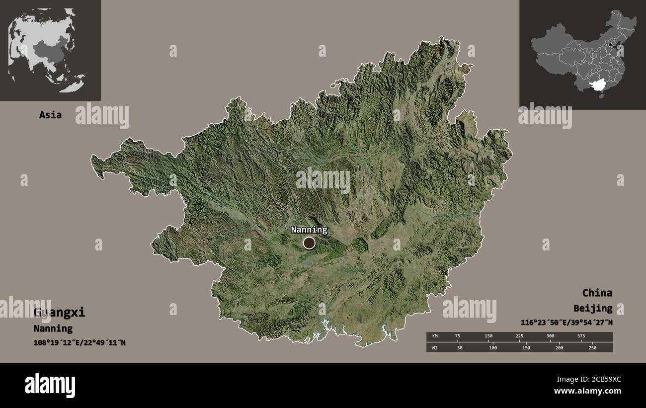 Shape of Guangxi, autonomous region of China, and its capital. Distance ...