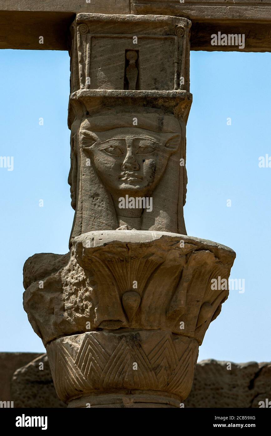 A stone carved Hathor capital on a papyrus column in the Temple of ...