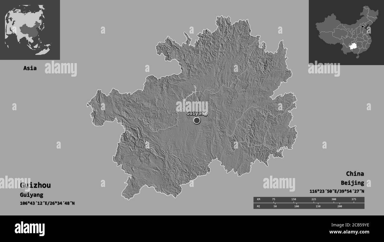 Shape of Guizhou, province of China, and its capital. Distance scale ...