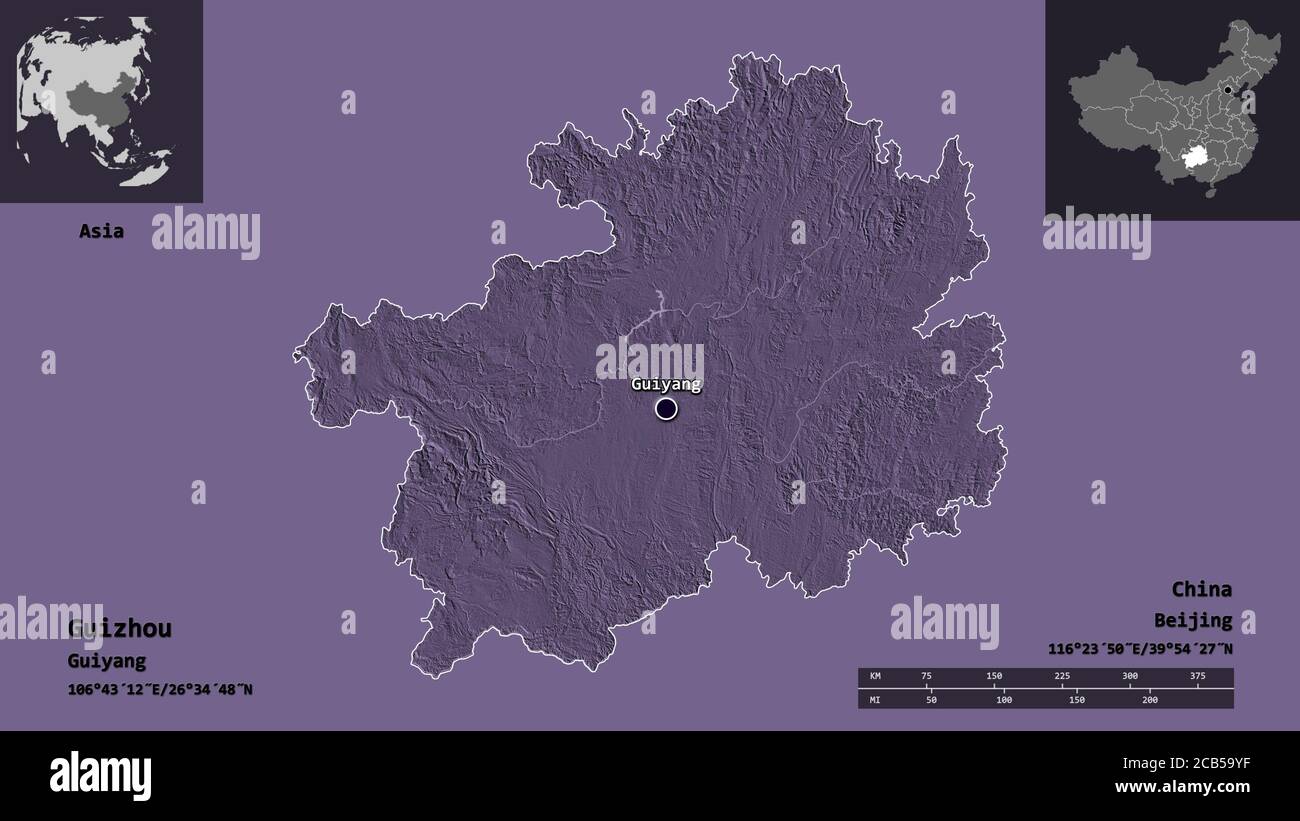 Shape of Guizhou, province of China, and its capital. Distance scale ...