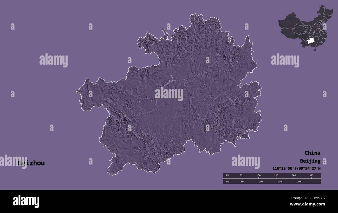 Shape of Guizhou, province of China, with its capital isolated on solid ...
