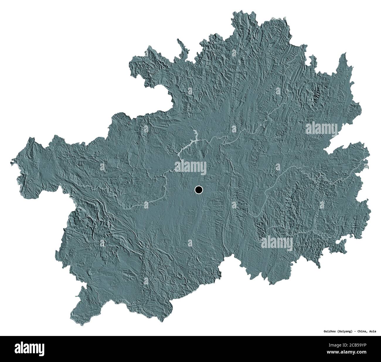 Shape of Guizhou, province of China, with its capital isolated on white ...