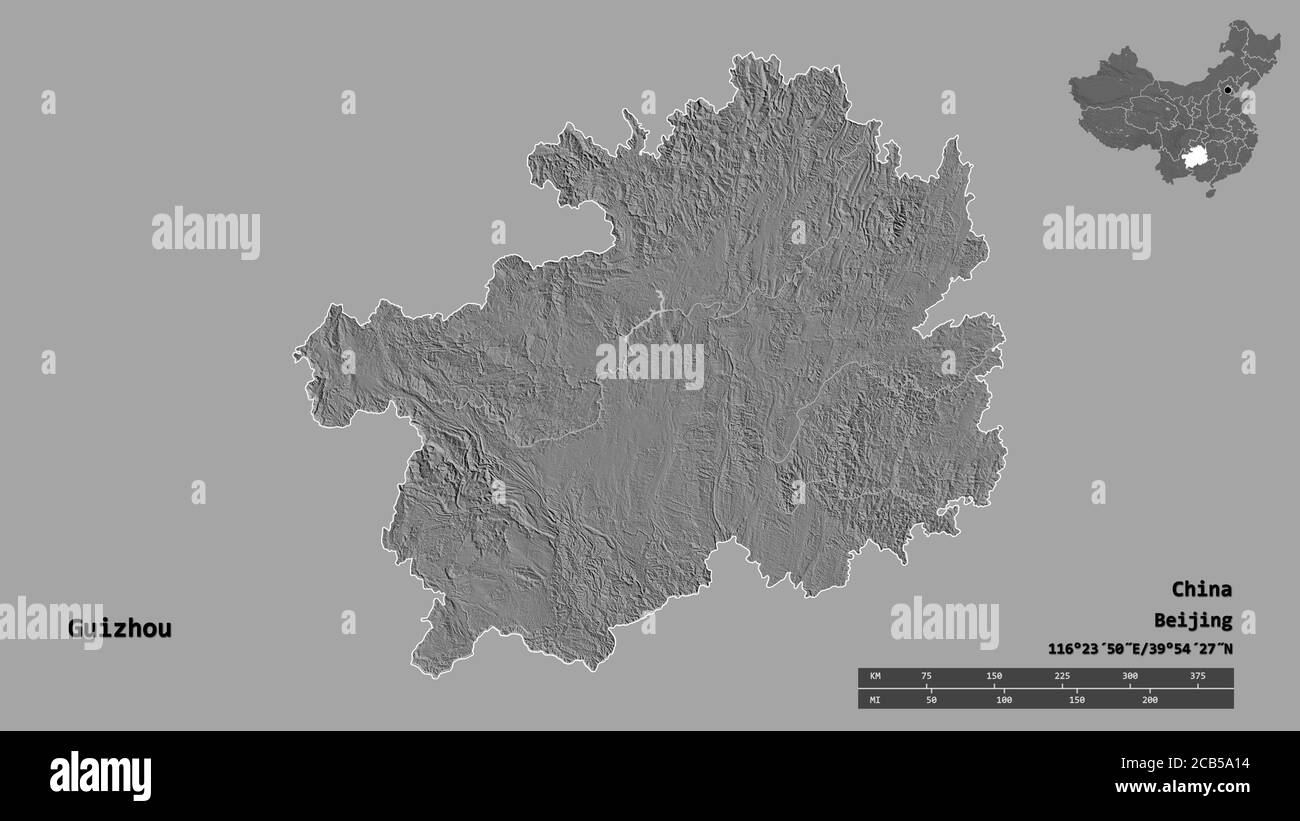 Shape of Guizhou, province of China, with its capital isolated on solid ...