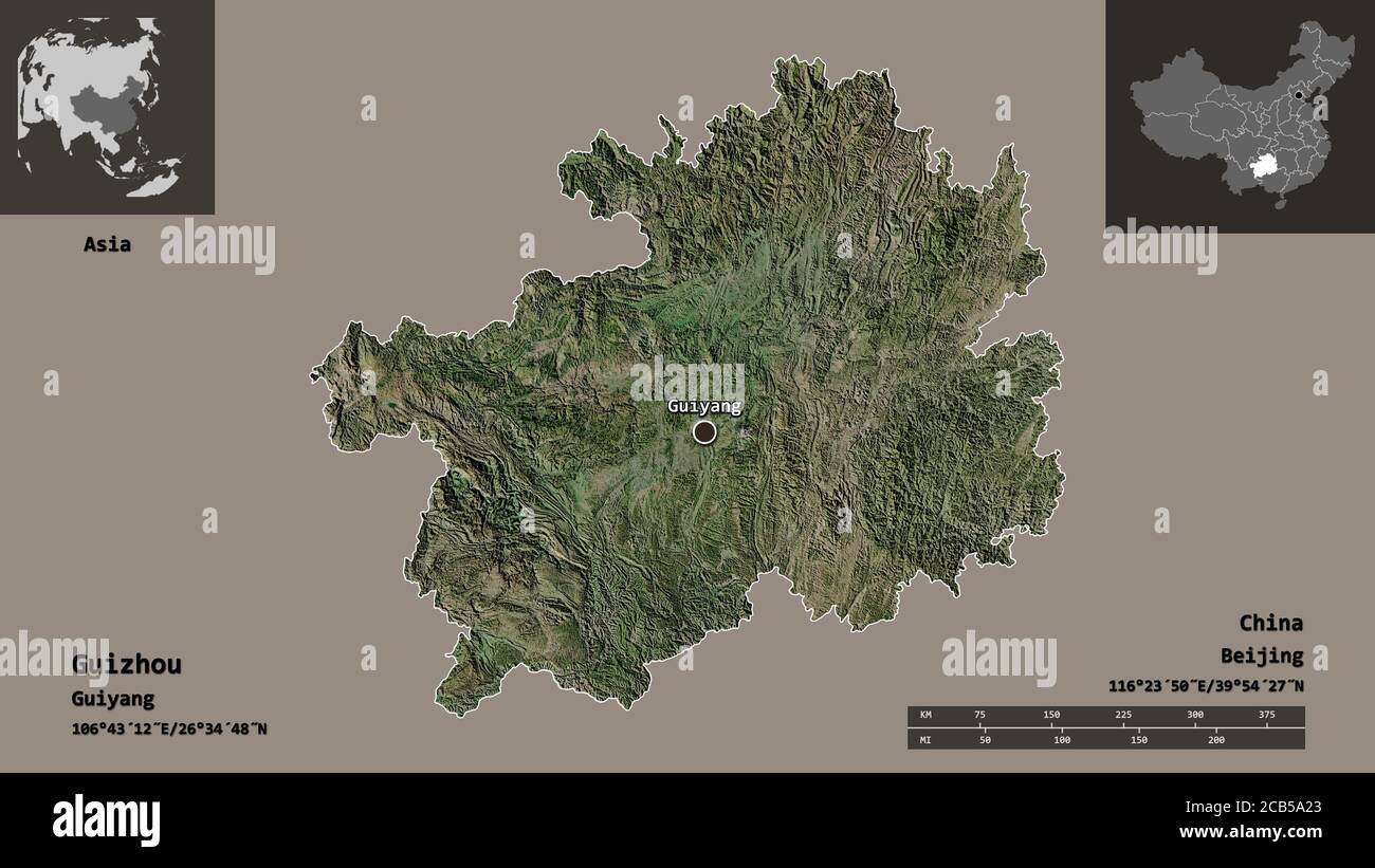 Shape of Guizhou, province of China, and its capital. Distance scale ...