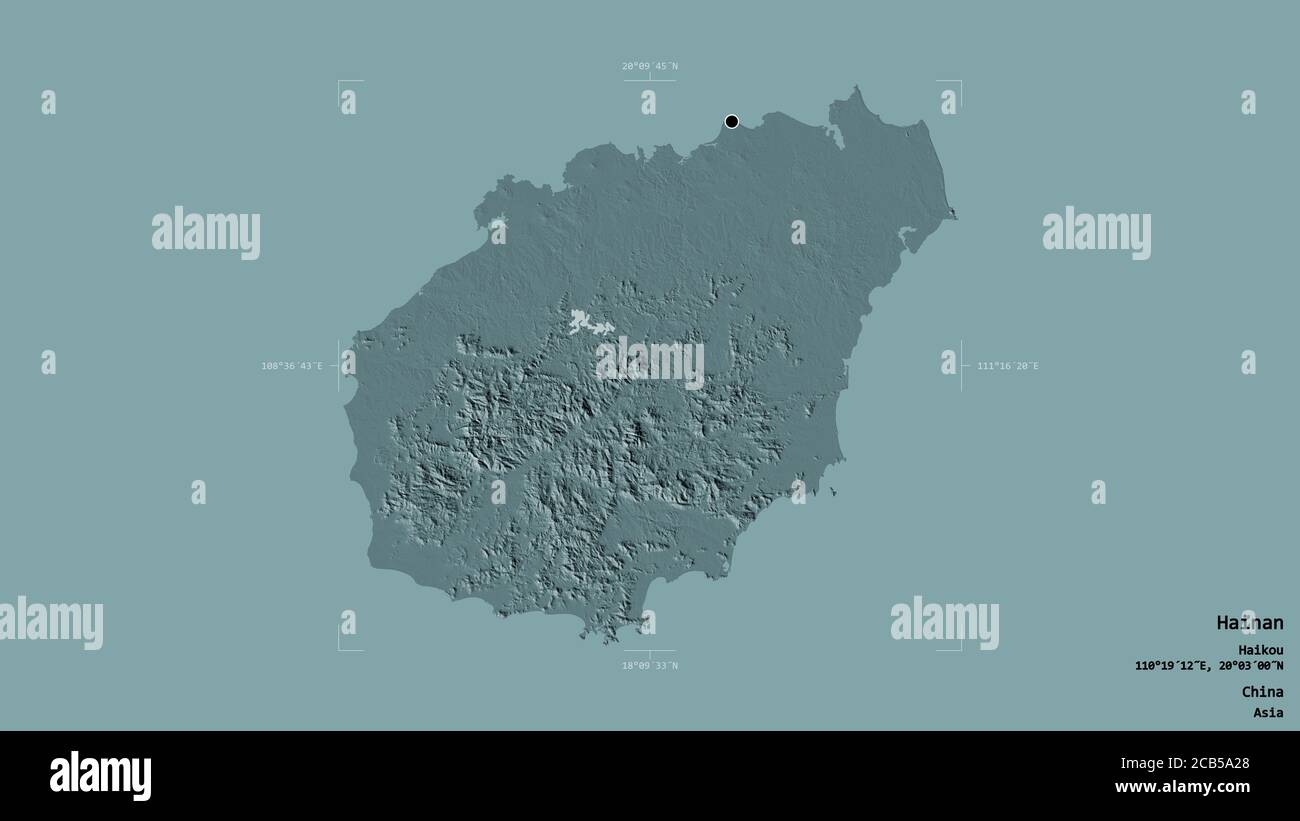 Area of Hainan, province of China, isolated on a solid background in a ...