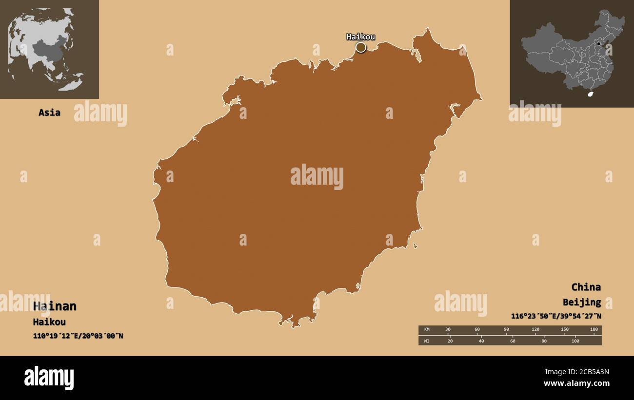 Shape of Hainan, province of China, and its capital. Distance scale ...
