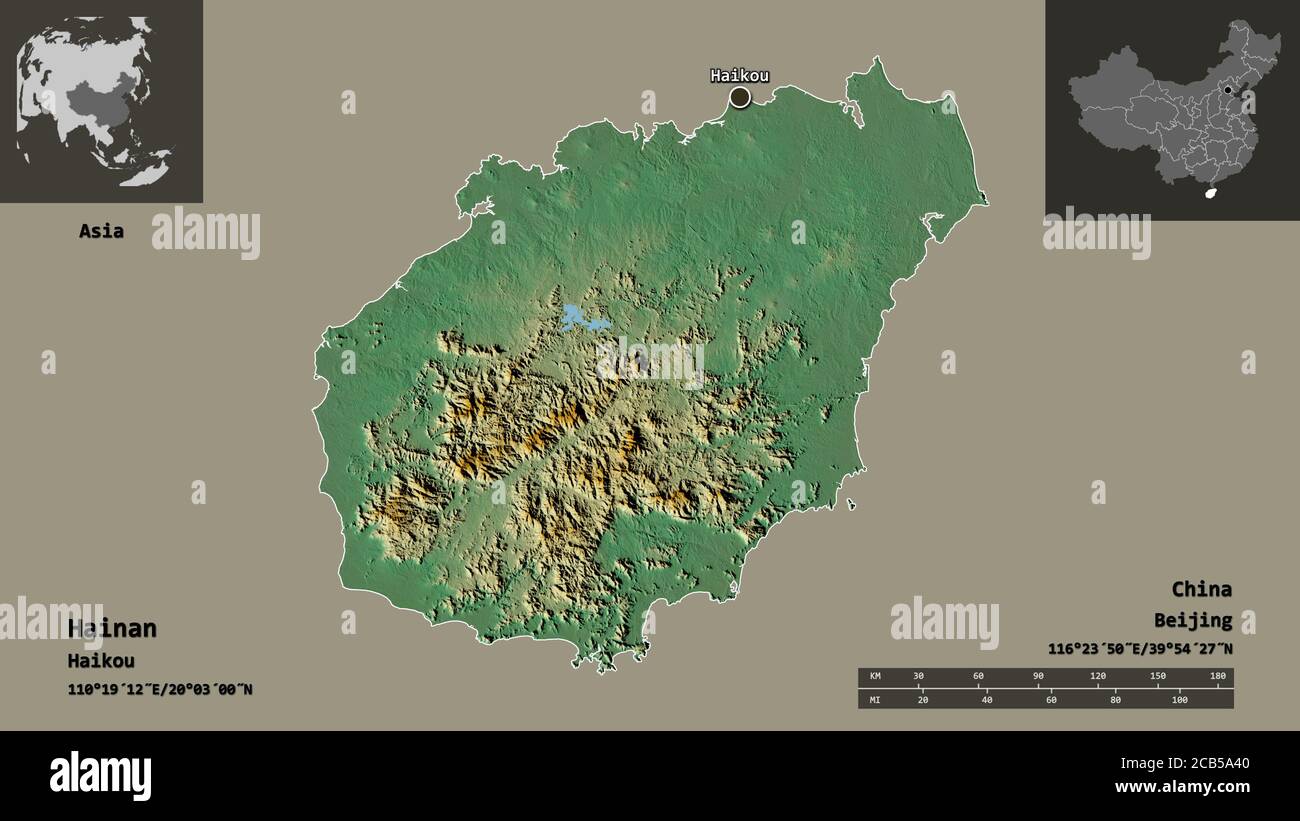 Shape of Hainan, province of China, and its capital. Distance scale ...