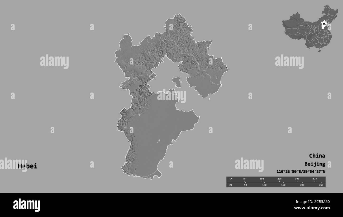 Shape of Hebei, province of China, with its capital isolated on solid ...