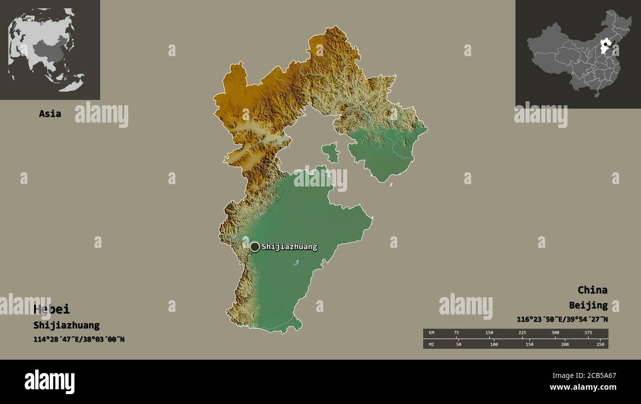 Shape of Hebei, province of China, and its capital. Distance scale ...