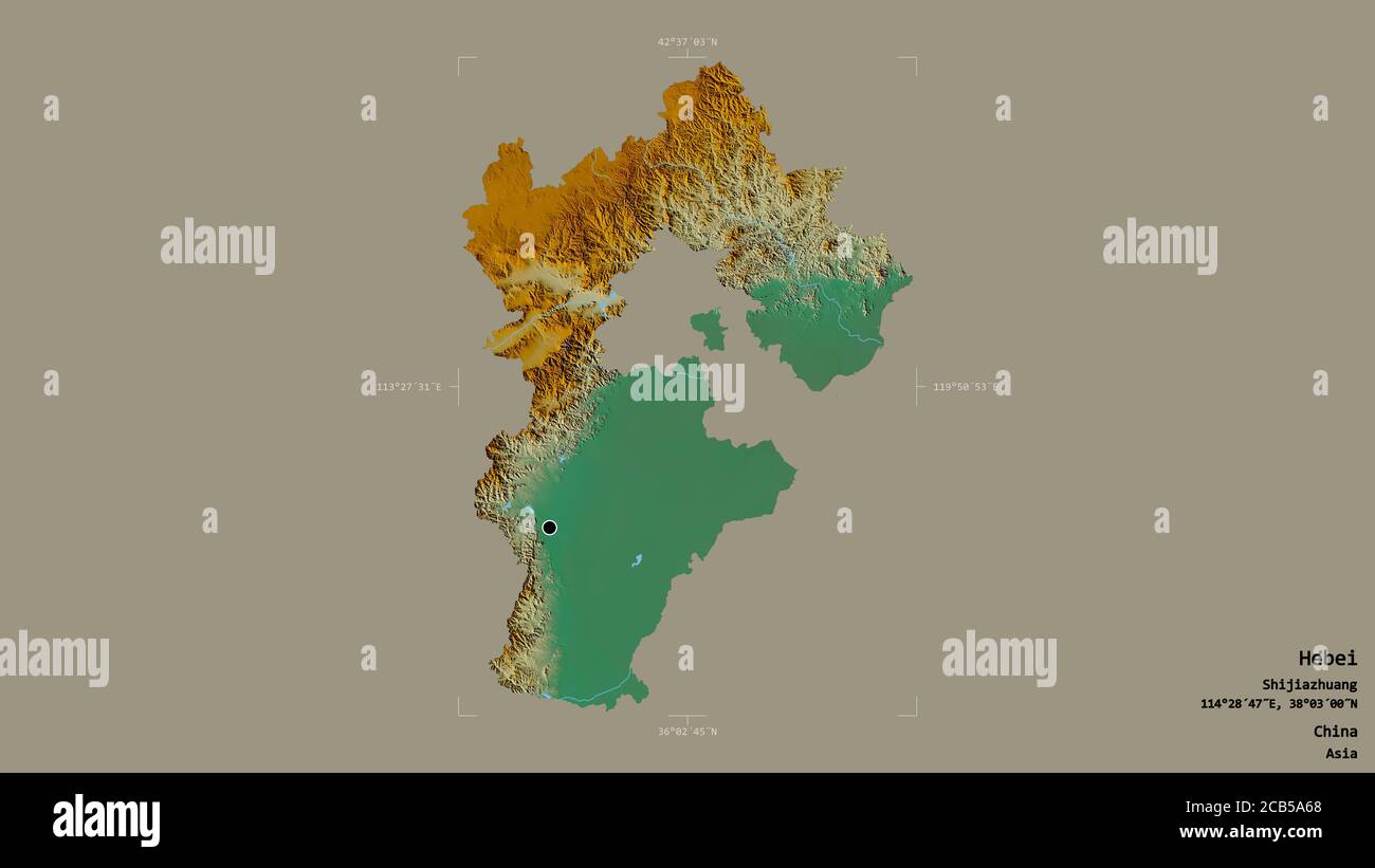 Area of Hebei, province of China, isolated on a solid background in a ...