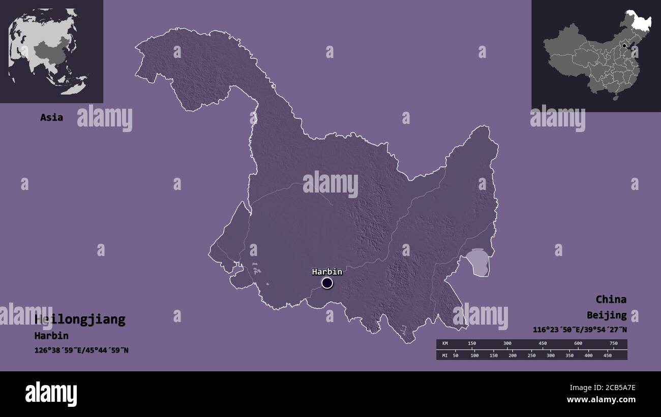 Shape of Heilongjiang, province of China, and its capital. Distance ...