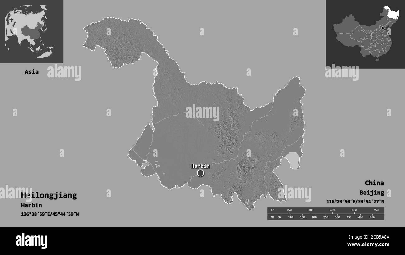 Shape of Heilongjiang, province of China, and its capital. Distance ...