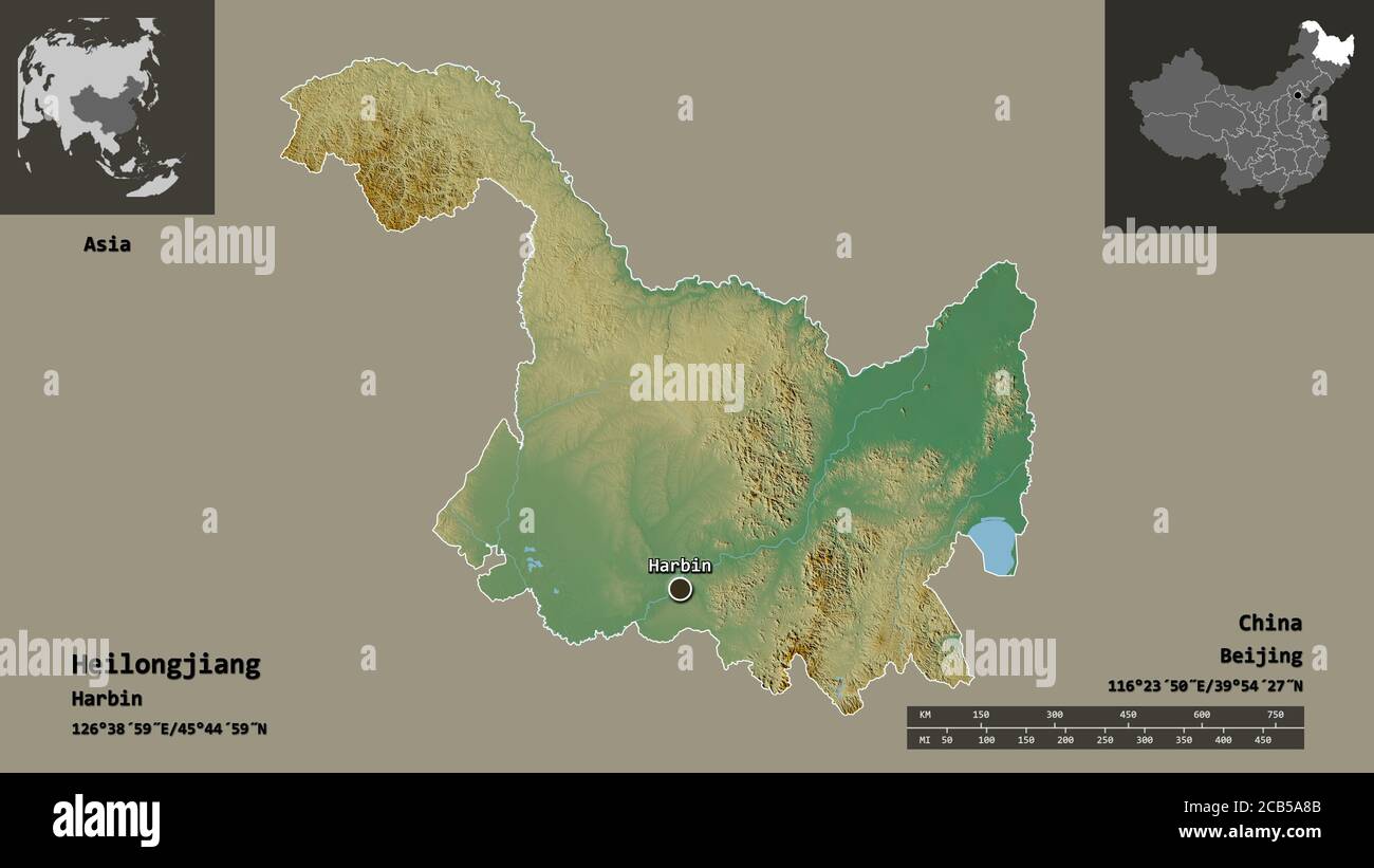 Shape of Heilongjiang, province of China, and its capital. Distance ...