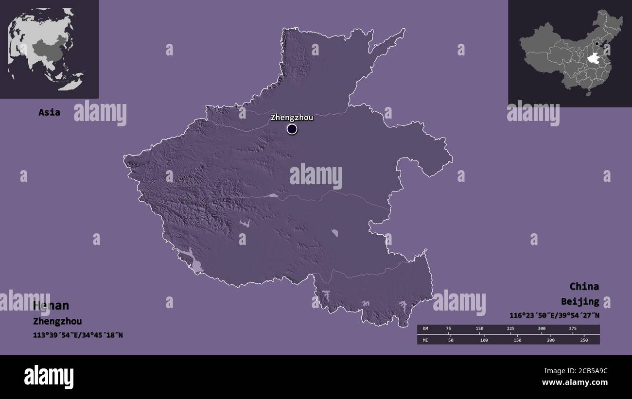 Shape of Henan, province of China, and its capital. Distance scale ...