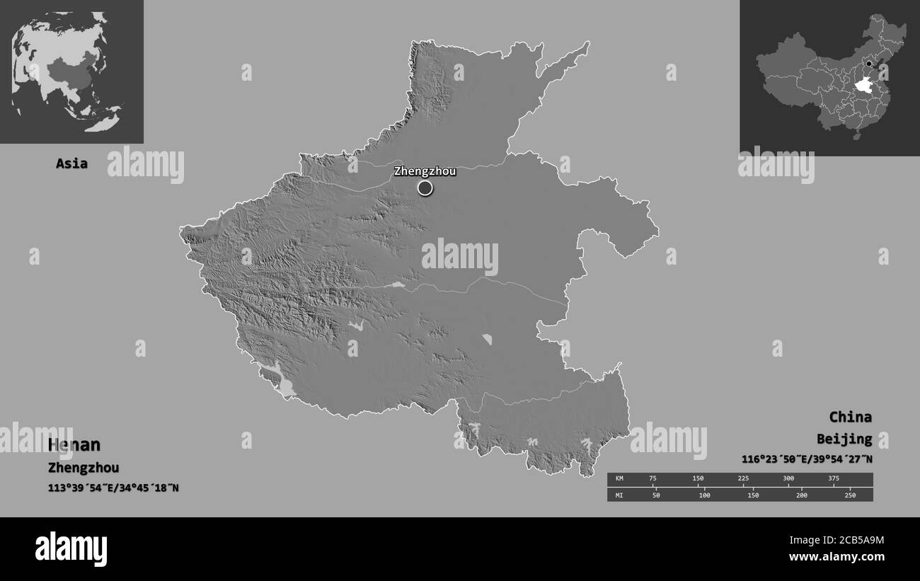Shape of Henan, province of China, and its capital. Distance scale ...