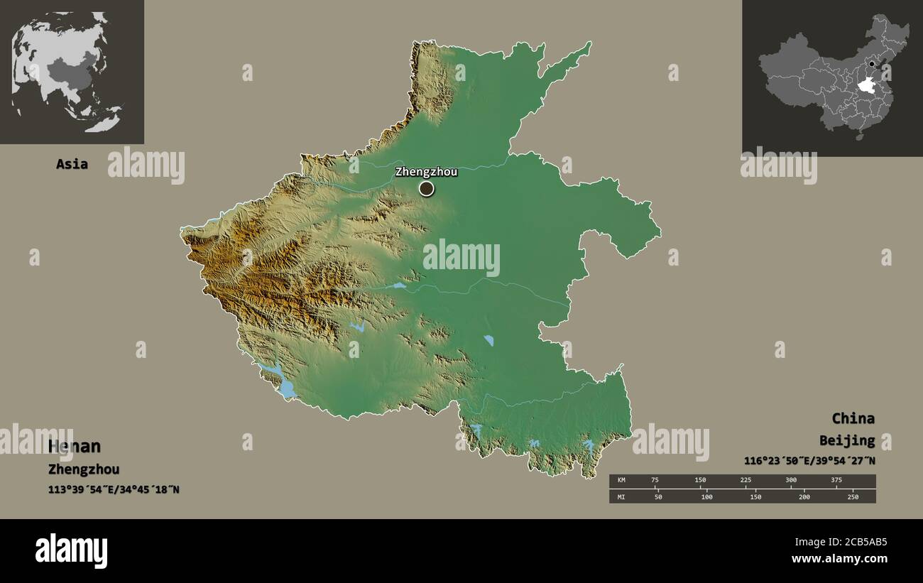 Shape of Henan, province of China, and its capital. Distance scale ...