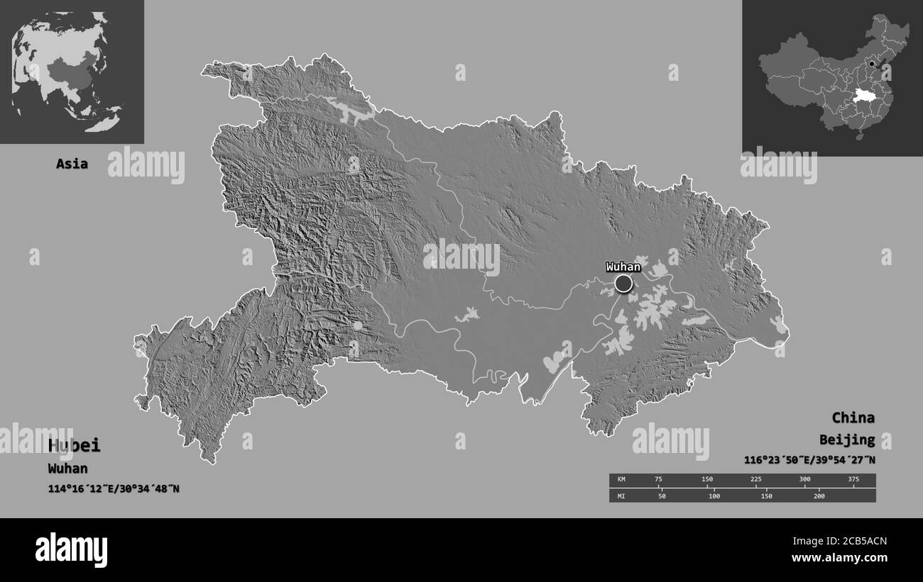 Shape of Hubei, province of China, and its capital. Distance scale ...