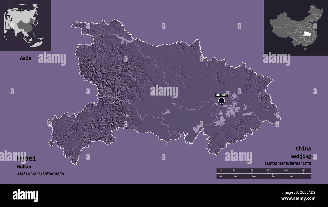 Shape of Hubei, province of China, and its capital. Distance scale ...