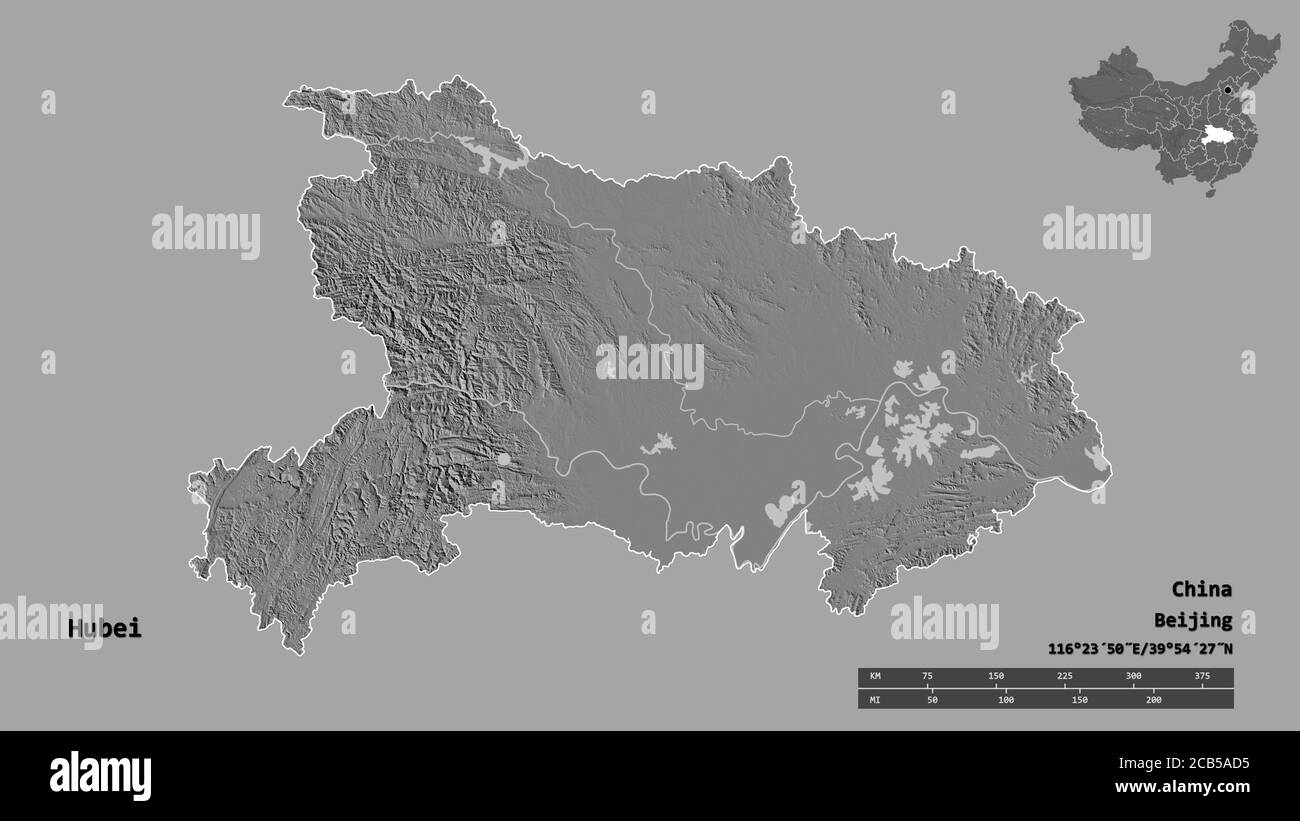 Shape of Hubei, province of China, with its capital isolated on solid ...