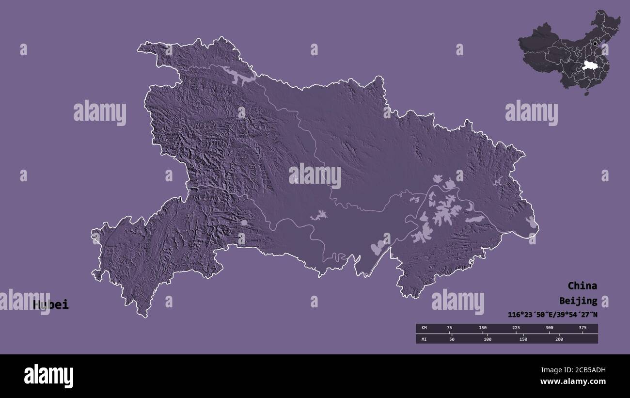 Shape of Hubei, province of China, with its capital isolated on solid ...